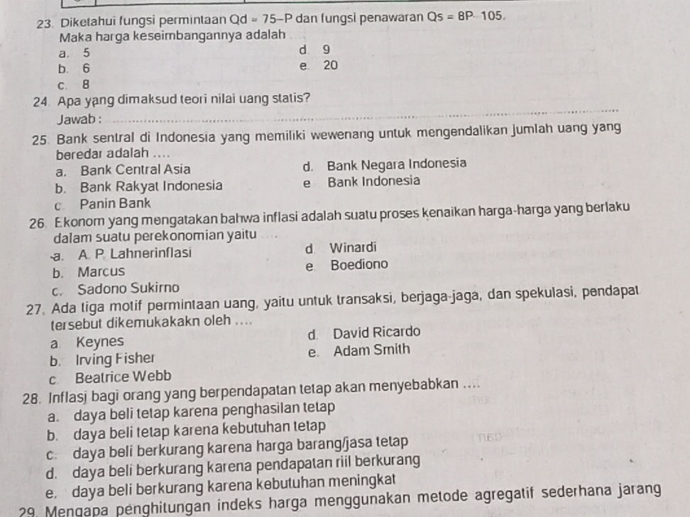 23. Diketahui fungsi permintaan Qd = 75-P | StudyX
