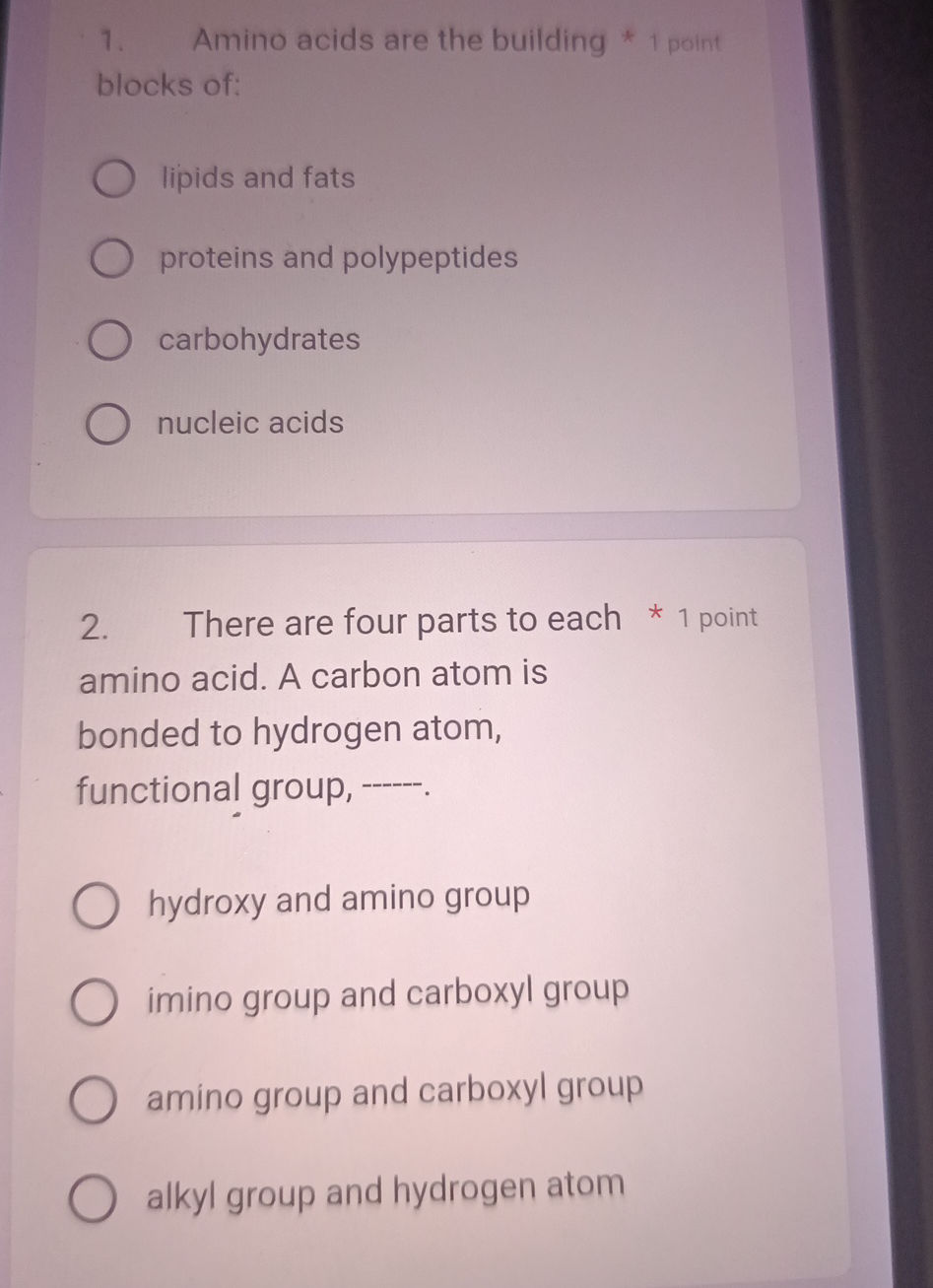 1. Amino acids are the building blocks of: | StudyX