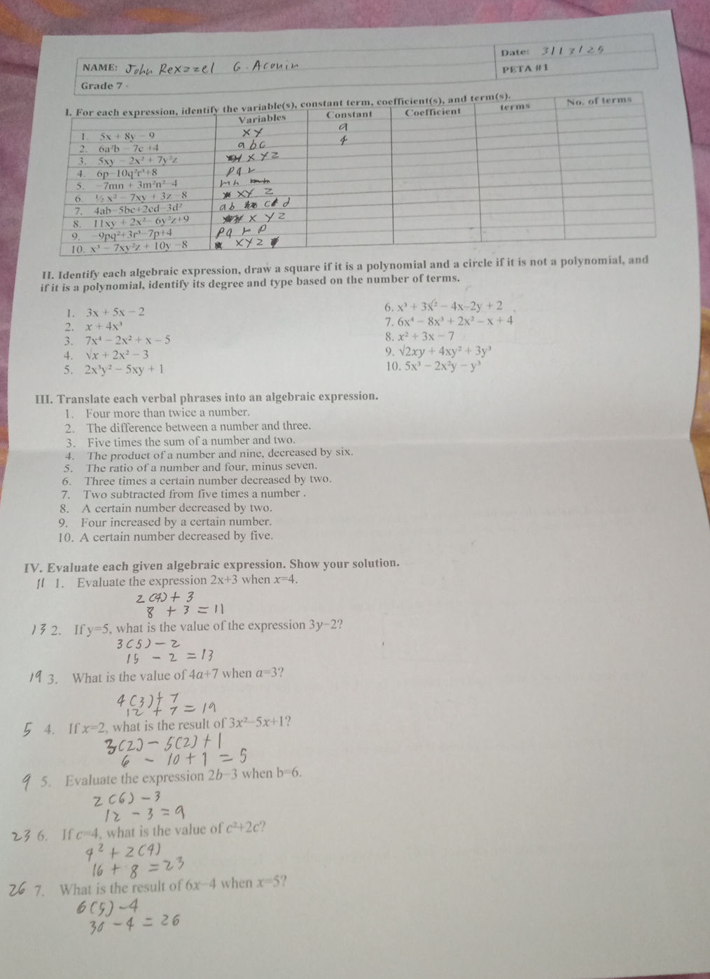 Grade 7. 1. For each expression, identify | StudyX
