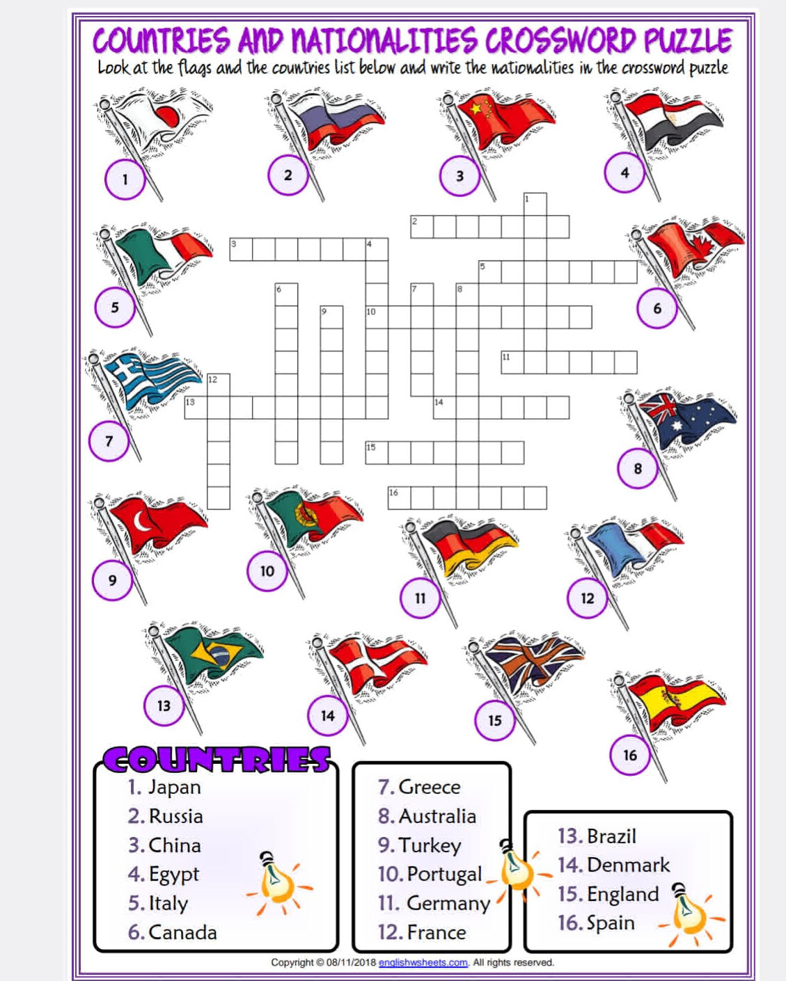 COUNTRIES AND NATIONALITIES CROSSWORD PUZZLE | StudyX