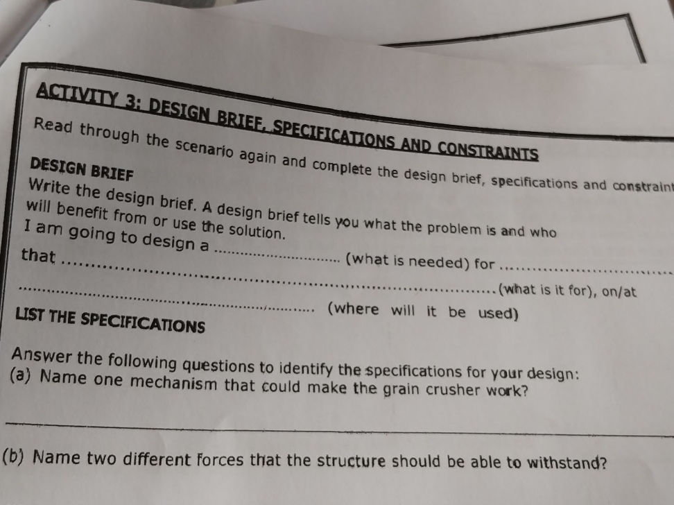 ACTIVITY 3: DFSIGN BRIEE, SPECTEICATIONS AND | StudyX