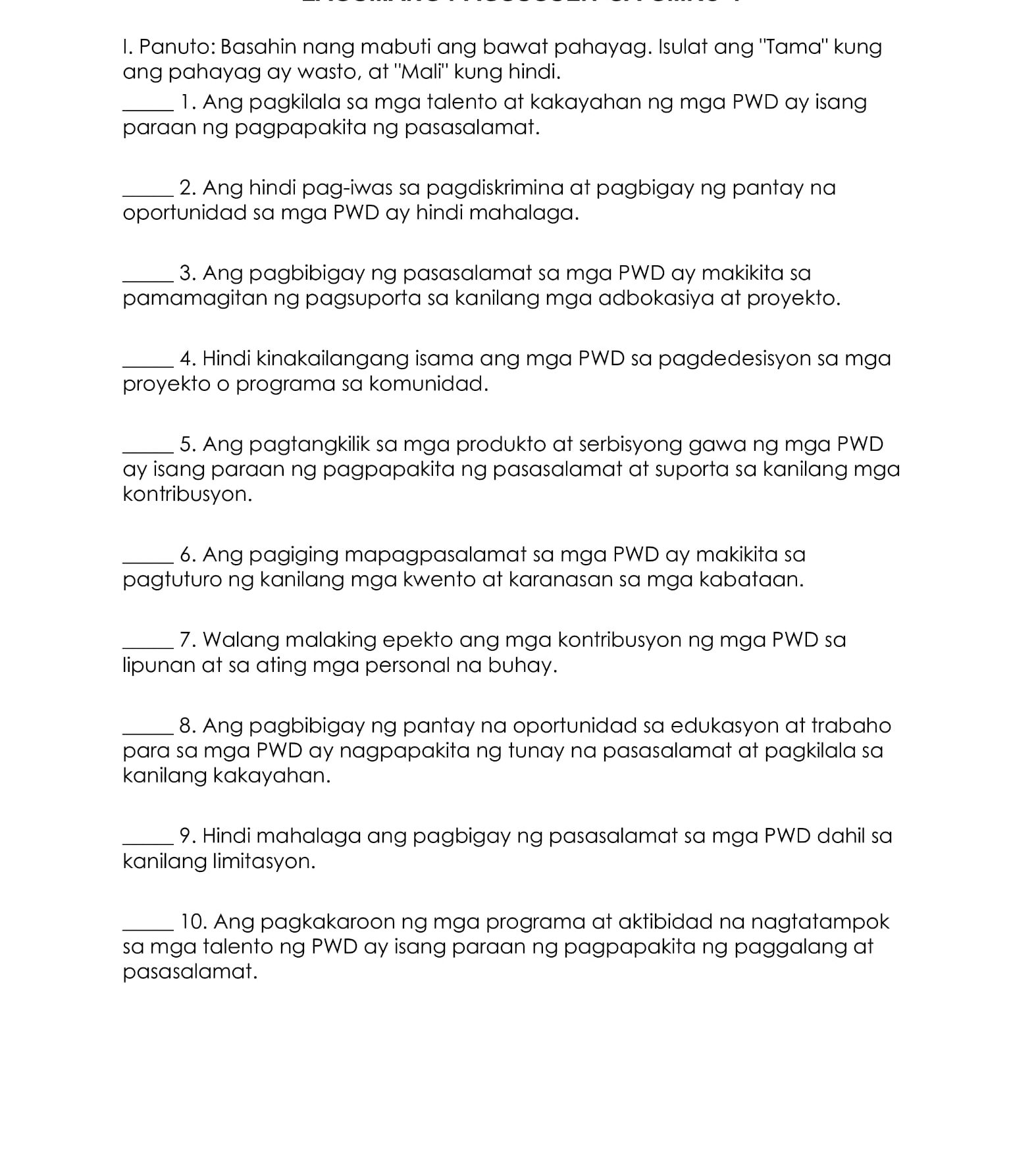 I. Panuto: Basahin nang mabuti ang bawat | StudyX