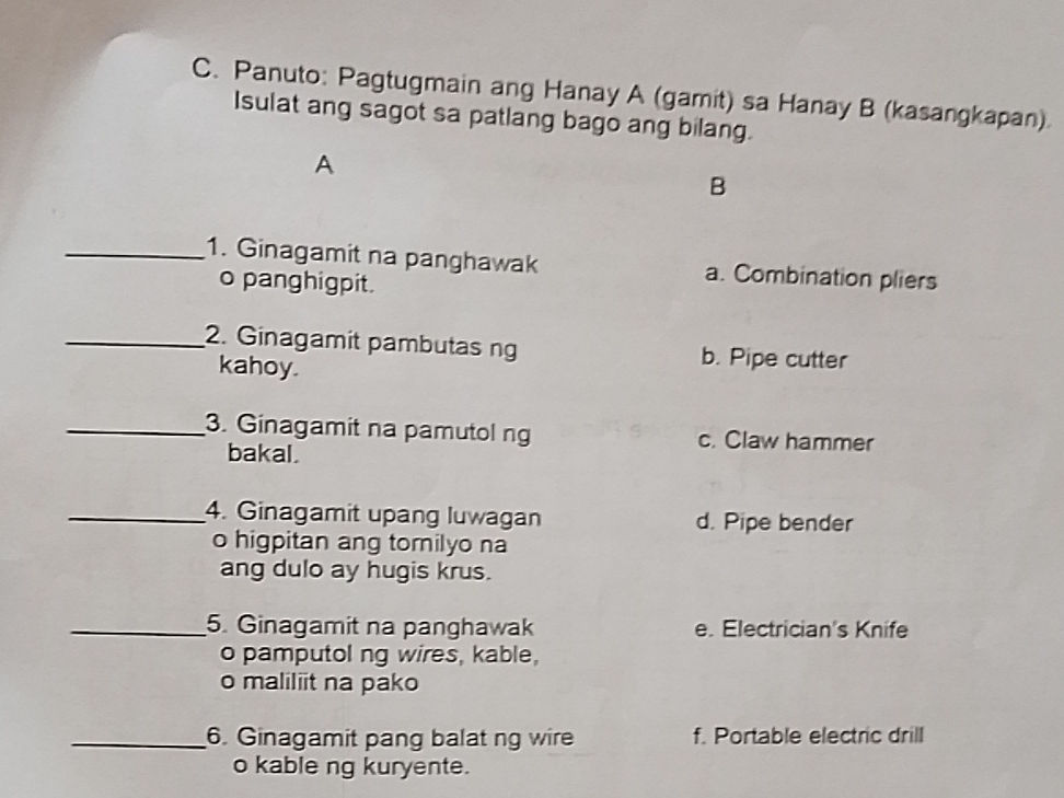 C. Panuto: Pagtugmain ang Hanay A (gamit) sa | StudyX