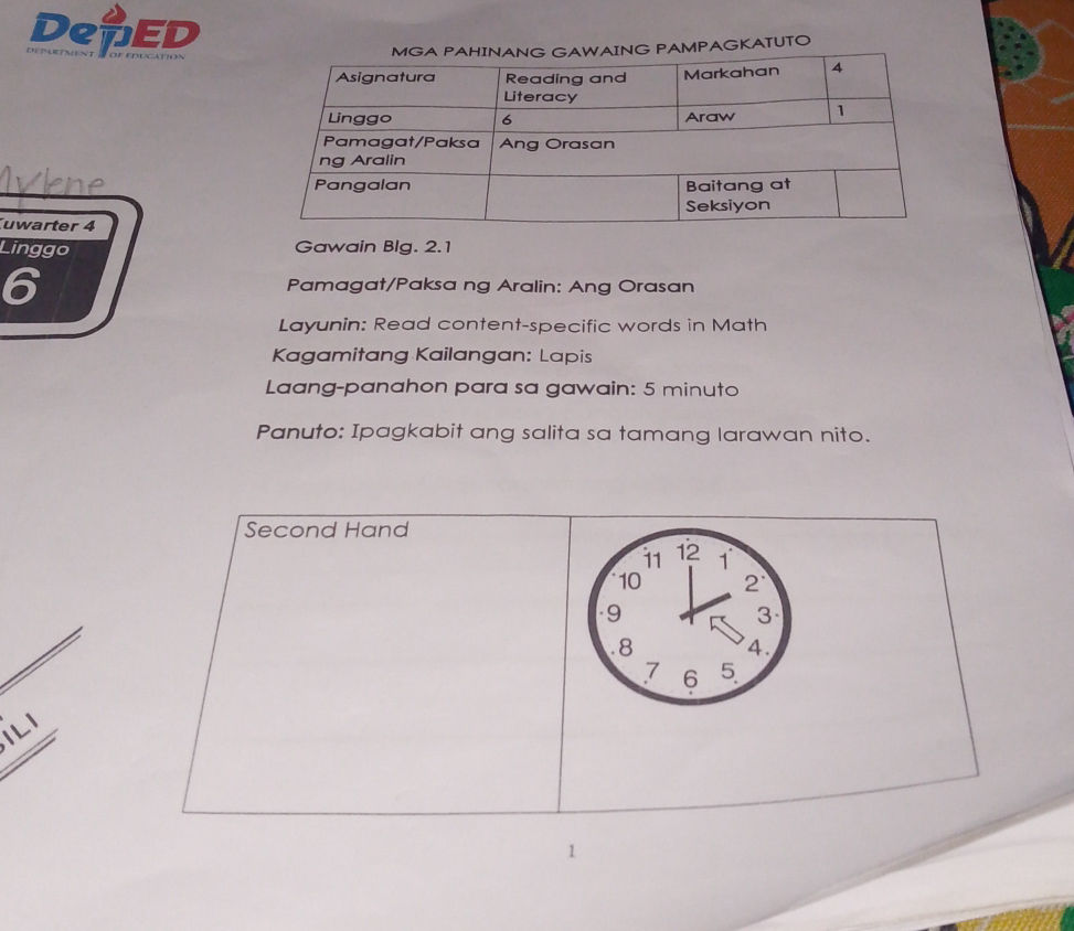 Pamagat/Paksa ng Aralin: Ang Orasan | StudyX
