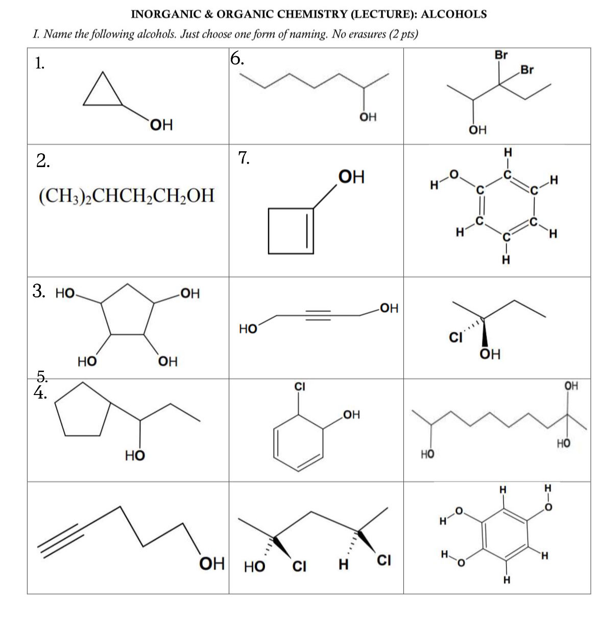I. Name the following alcohols. Just choose | StudyX