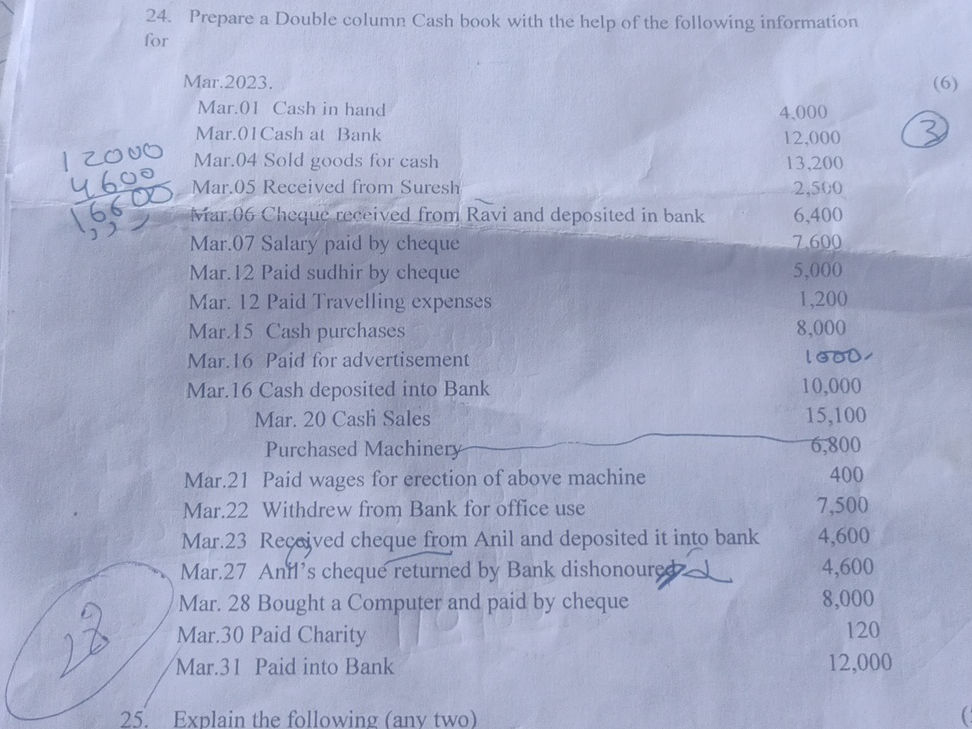24. Prepare a Double column Cash book with | StudyX