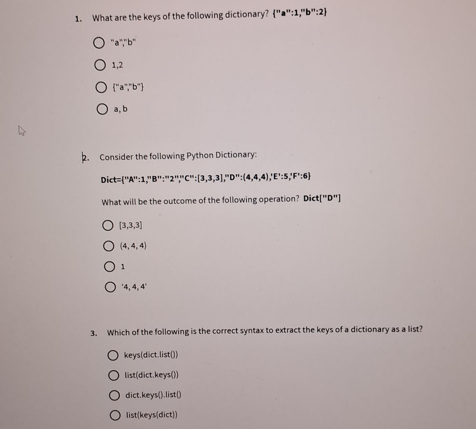 1. What are the keys of the following | StudyX