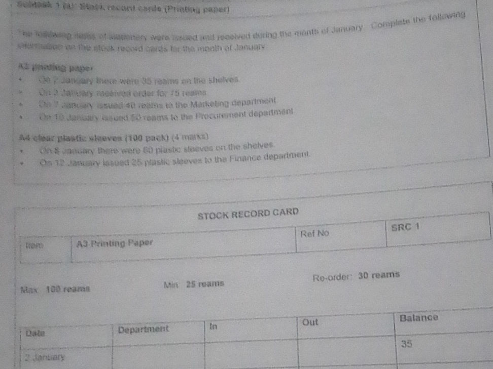 Subtask 1 (A) Stock record cards (Printing