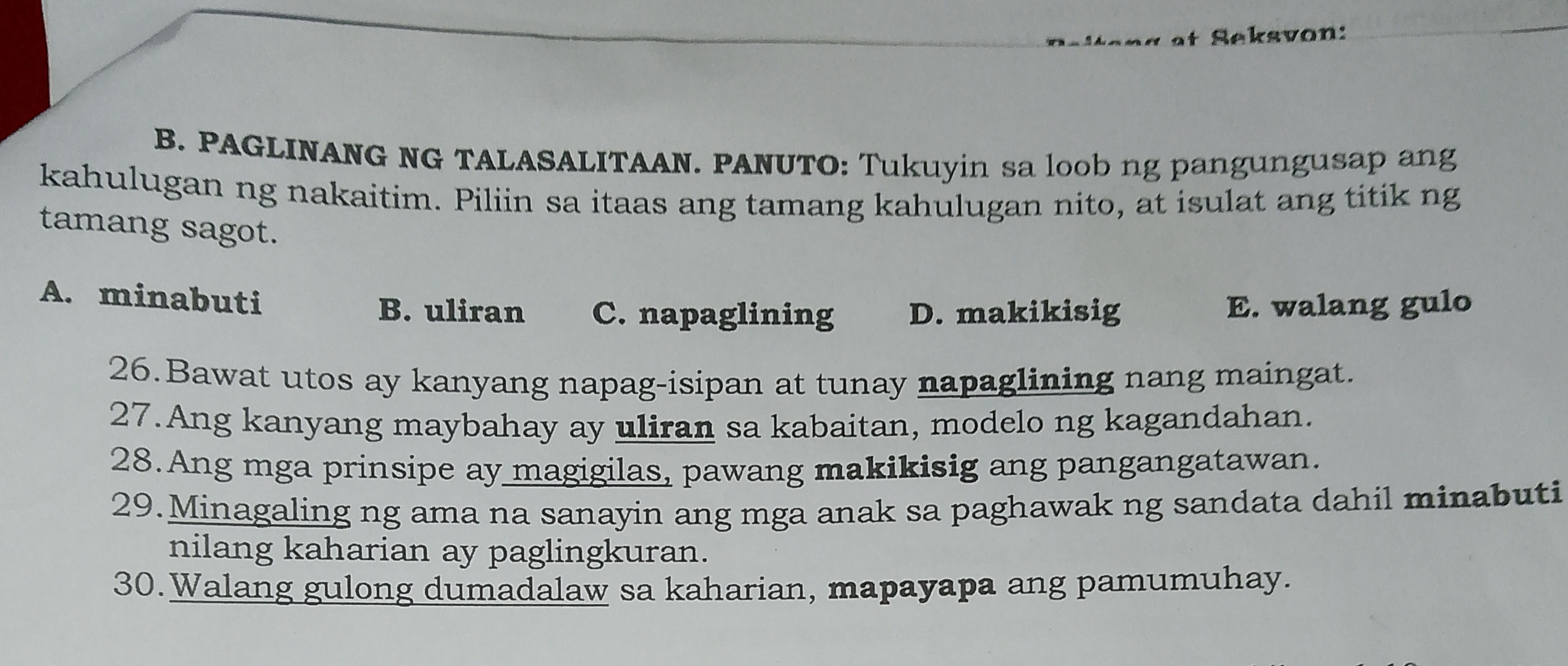 B. PAGLINANG NG TALASALITAAN. PANUTO: | StudyX