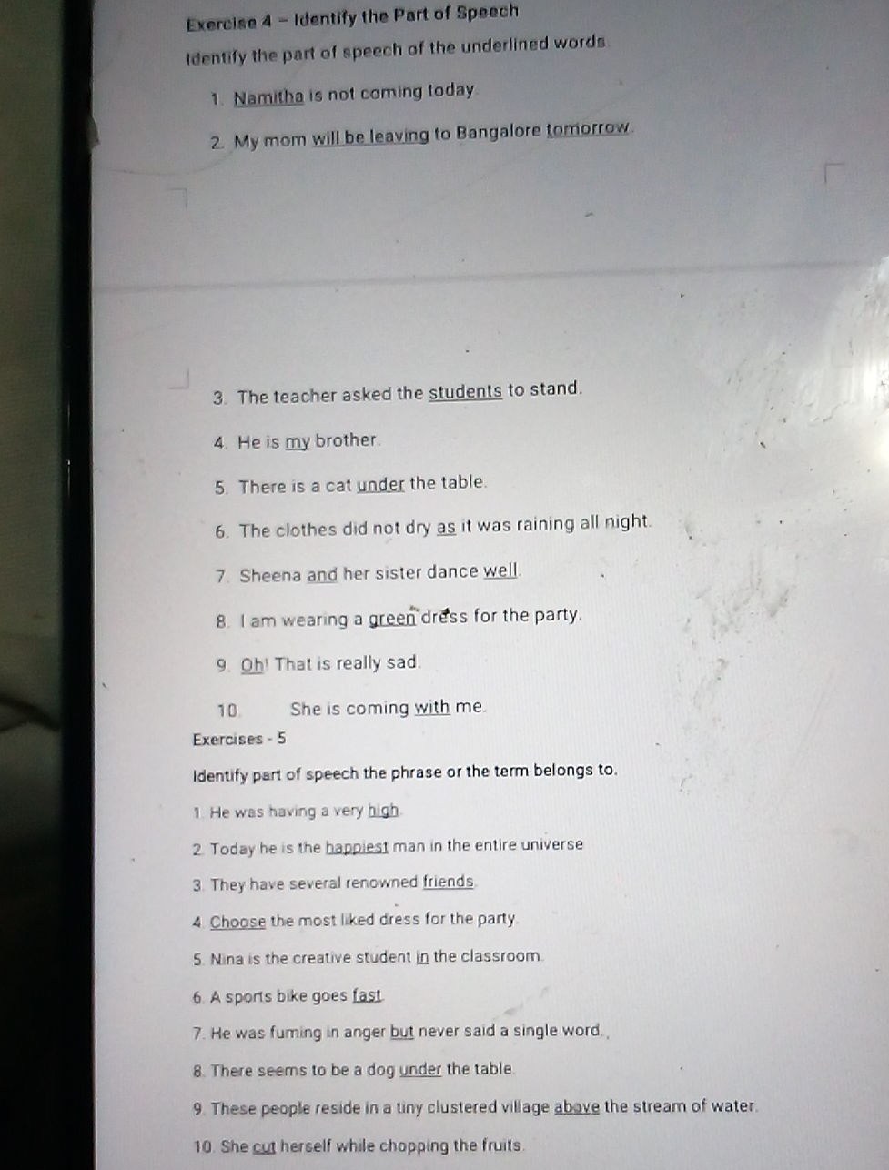 Exercise 4 - Identify the Part of Speech | StudyX