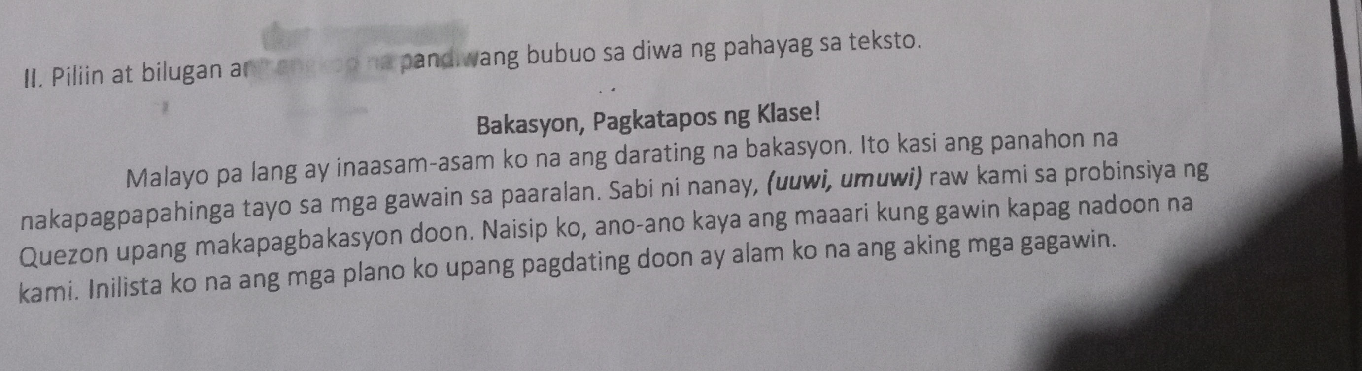 II. Piliin at bilugan ang pandiwang bubuo sa | StudyX