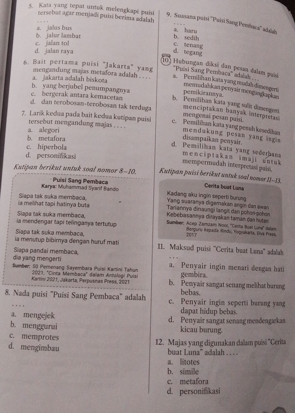 5. Kata yang tepat untuk melengkapi puisi | StudyX