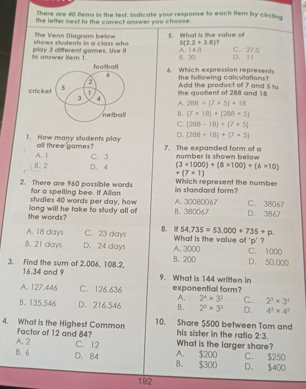 The Venn Diagram below shows students in a | StudyX