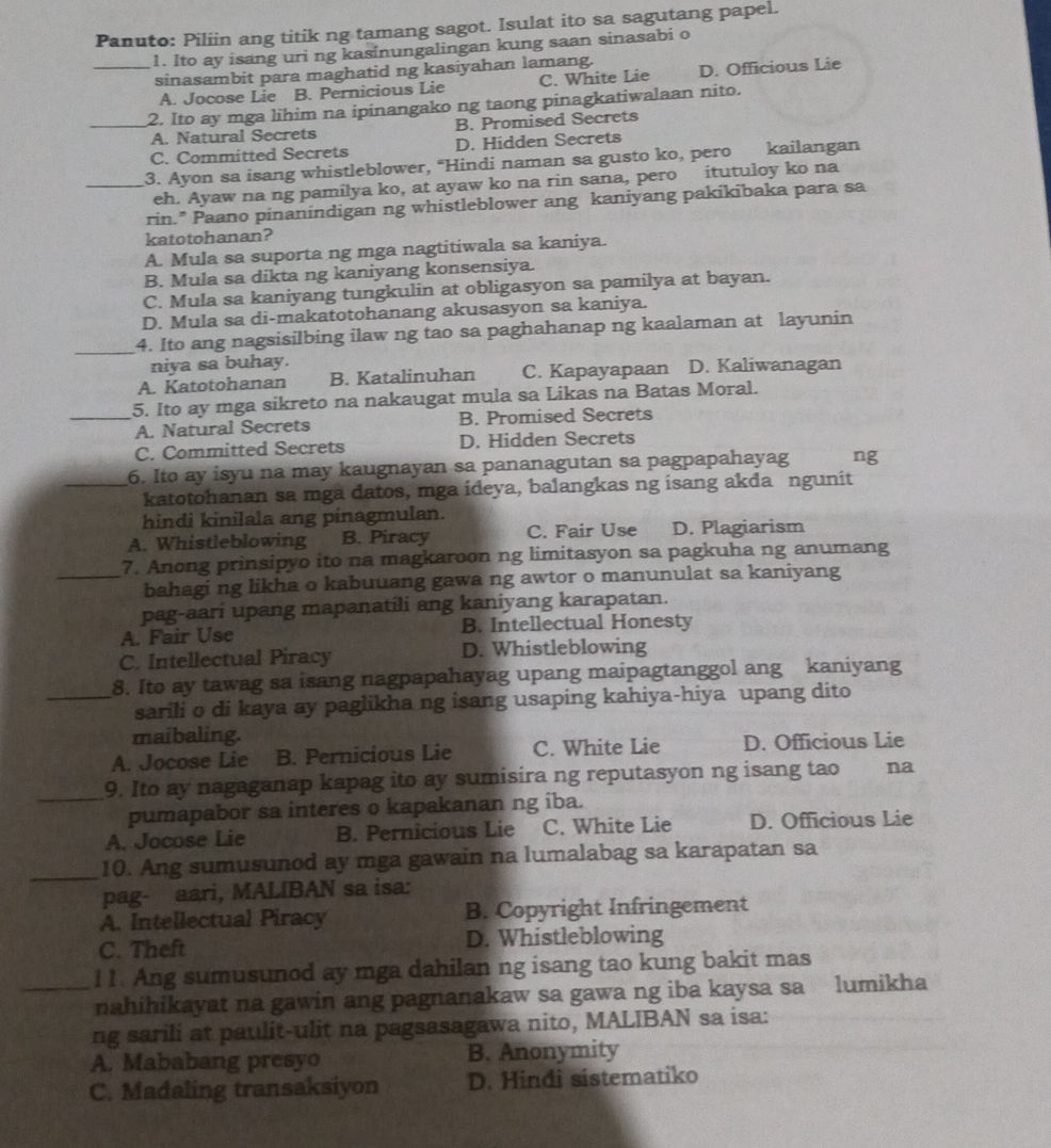 Panuto: Piliin ang titik ng tamang sagot. | StudyX