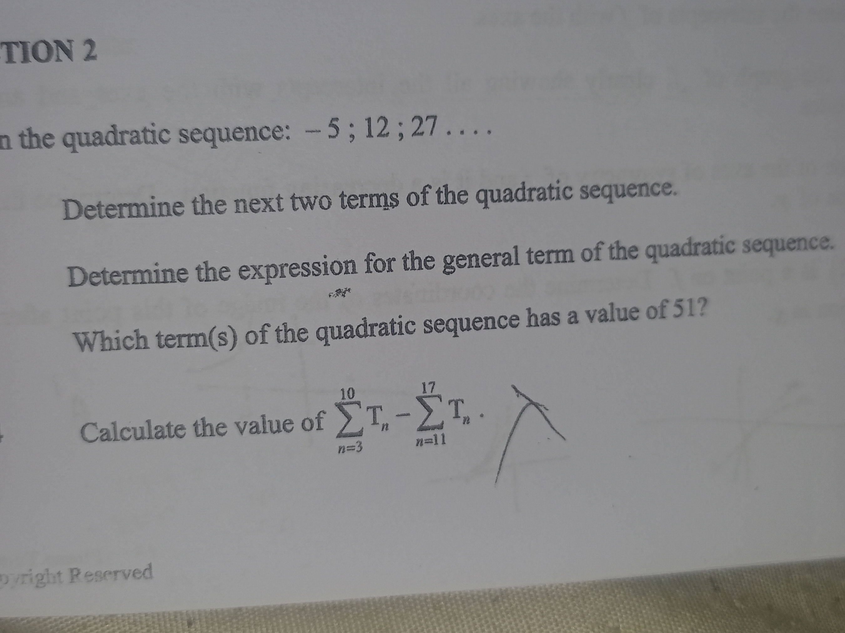 n the quadratic sequence: -5; 12; 27 .... | StudyX