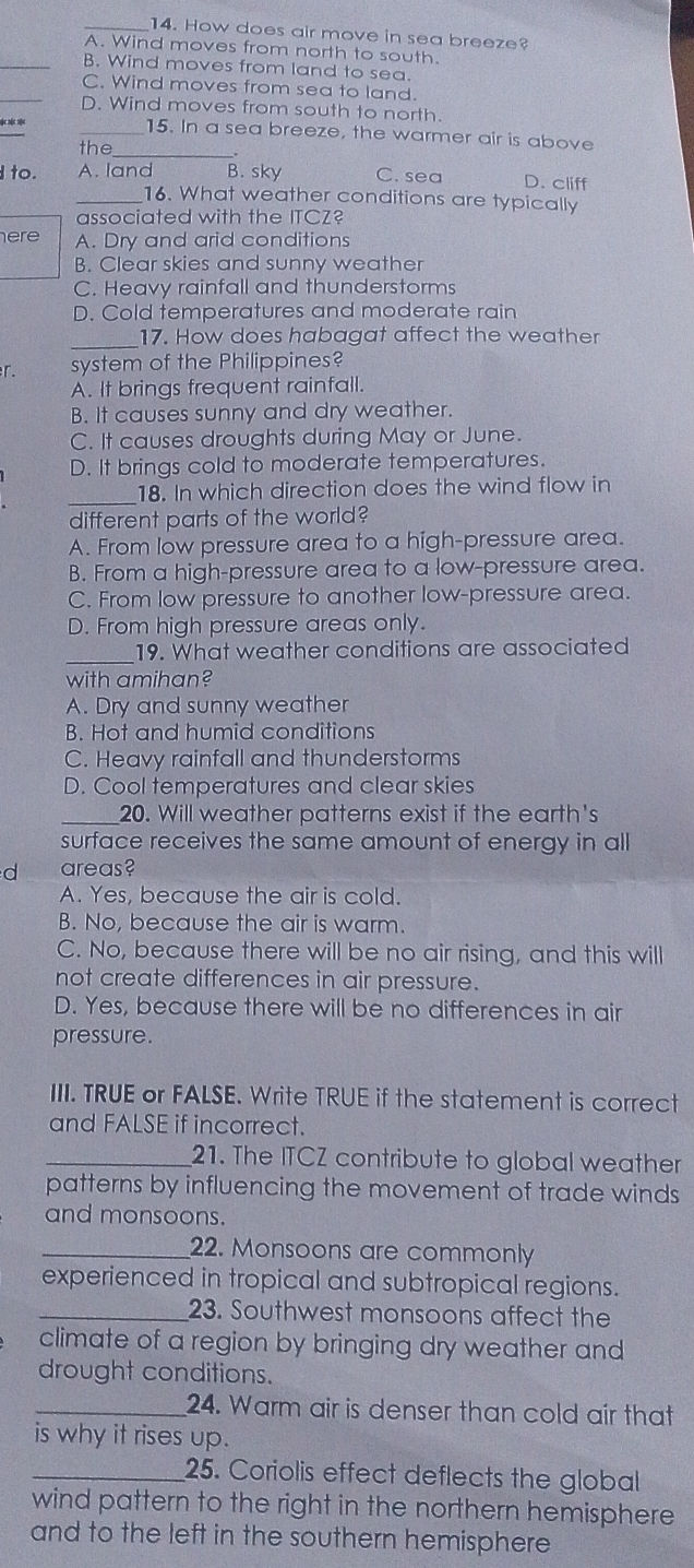 14. How does air move in sea breeze? A. | StudyX