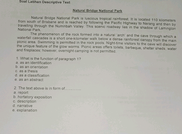 Soal Latihan Descriptive Text Natural | StudyX