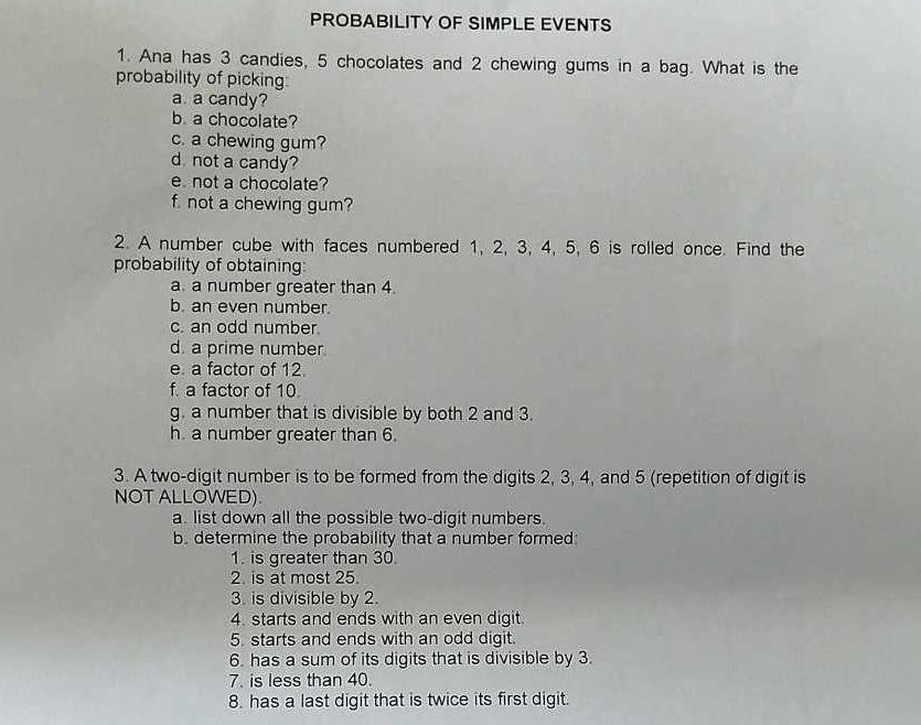 PROBABILITY OF SIMPLE EVENTS 1. Ana has 3 | StudyX