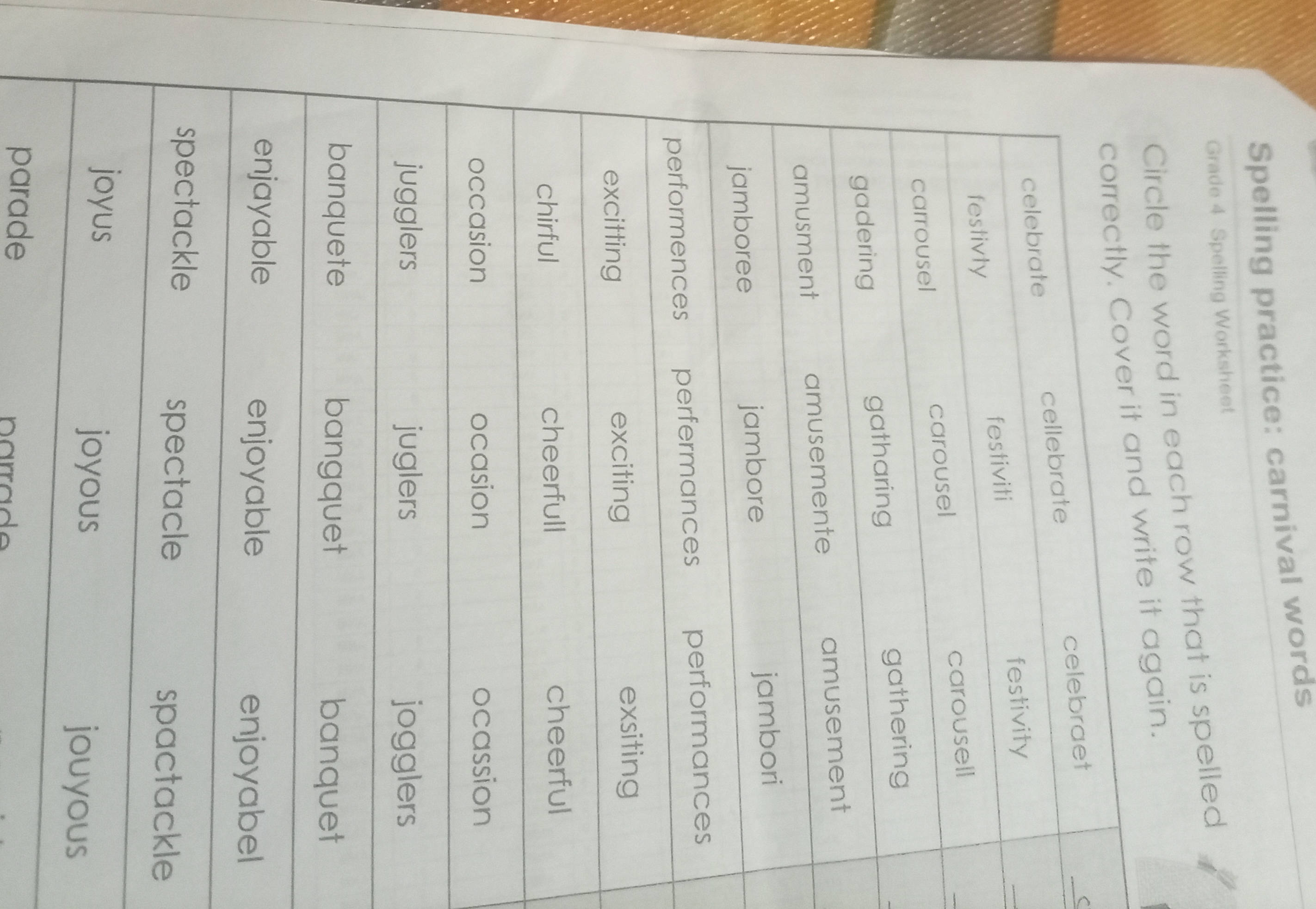 Spelling practice: carnival words Grade 4 | StudyX