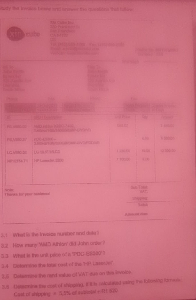 Study the invoice below and answer the | StudyX