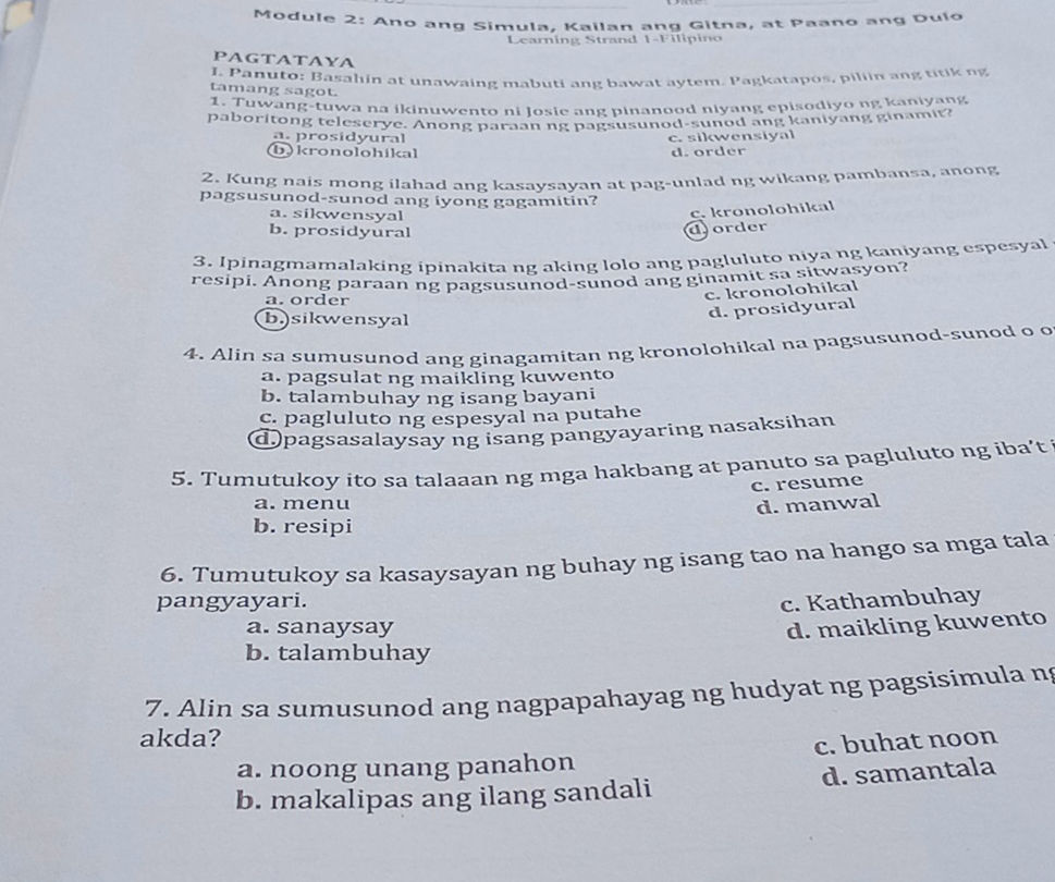 PAGTATAYA I. Panuto: Basahin at unawaing | StudyX