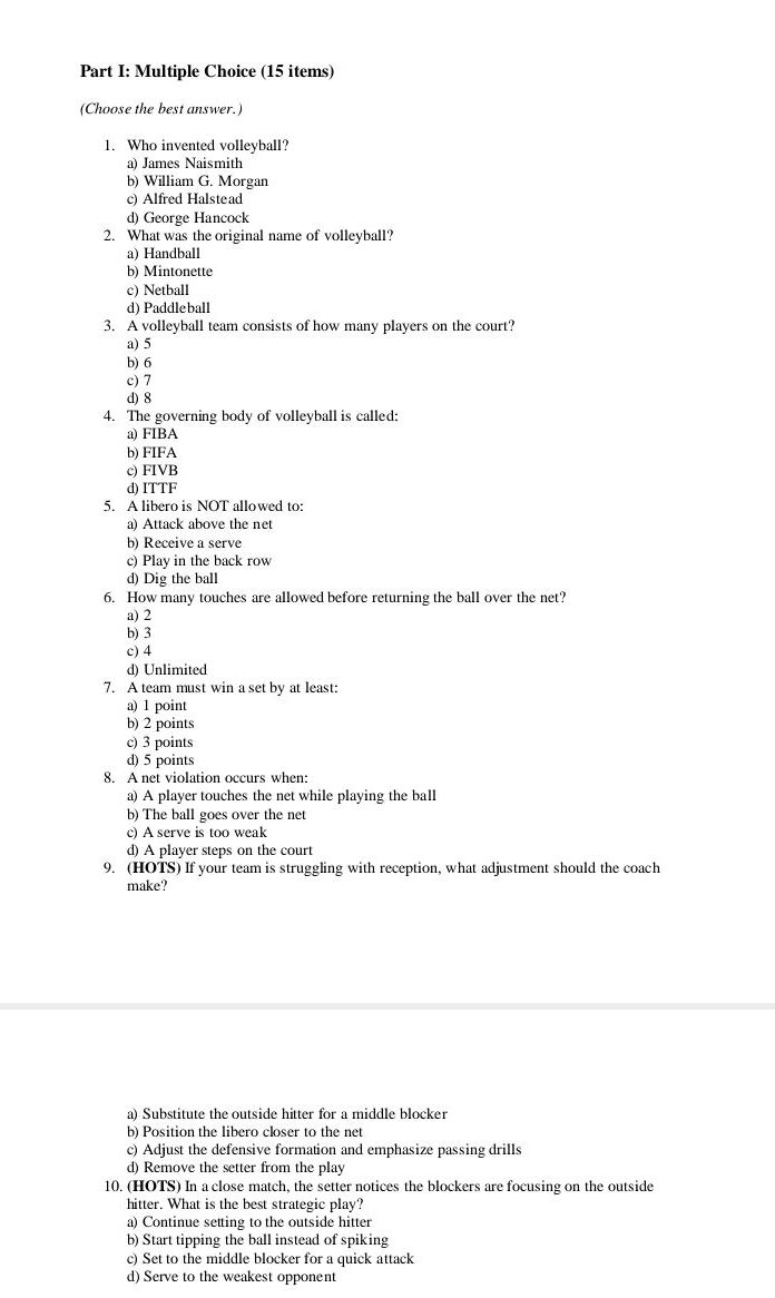 Part I: Multiple Choice (15 items) (Choose | StudyX
