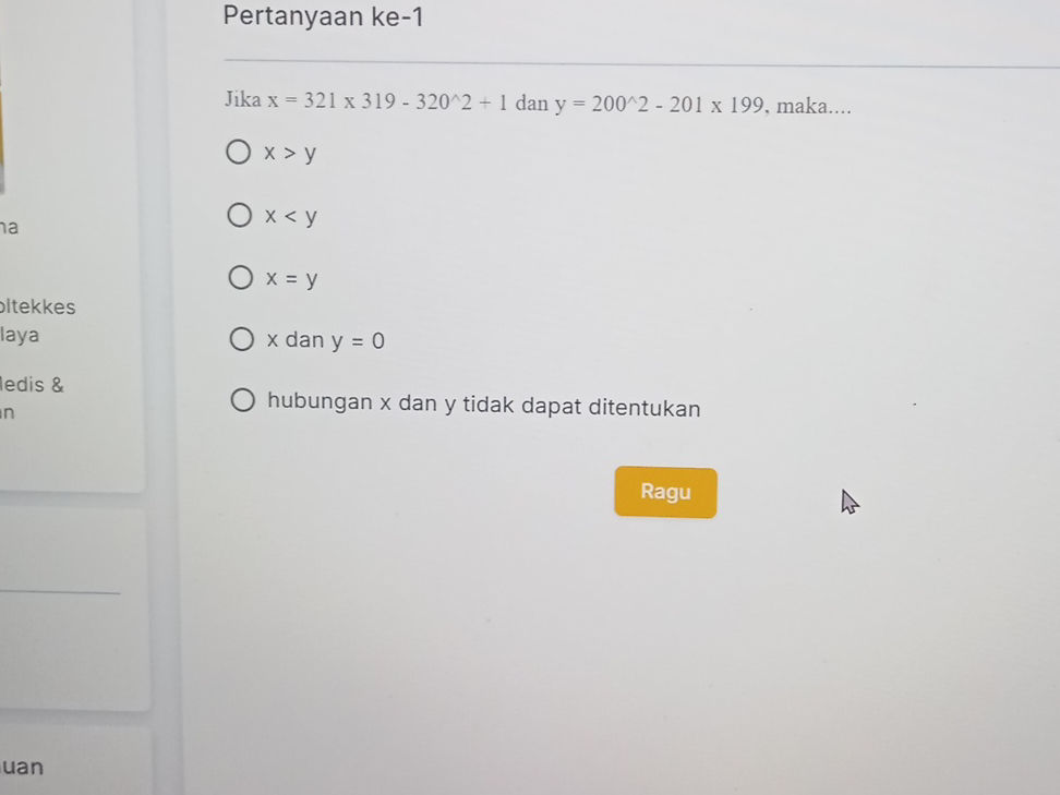 Jika $x = 321 319 - 320^2 + 1$ dan $y = | StudyX