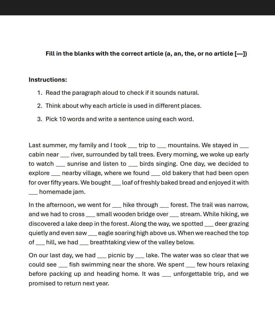 Fill in the blanks with the correct article | StudyX