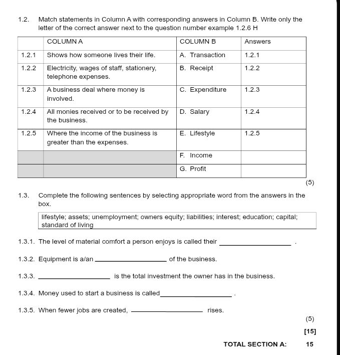 1.2. Match statements in Column A with | StudyX