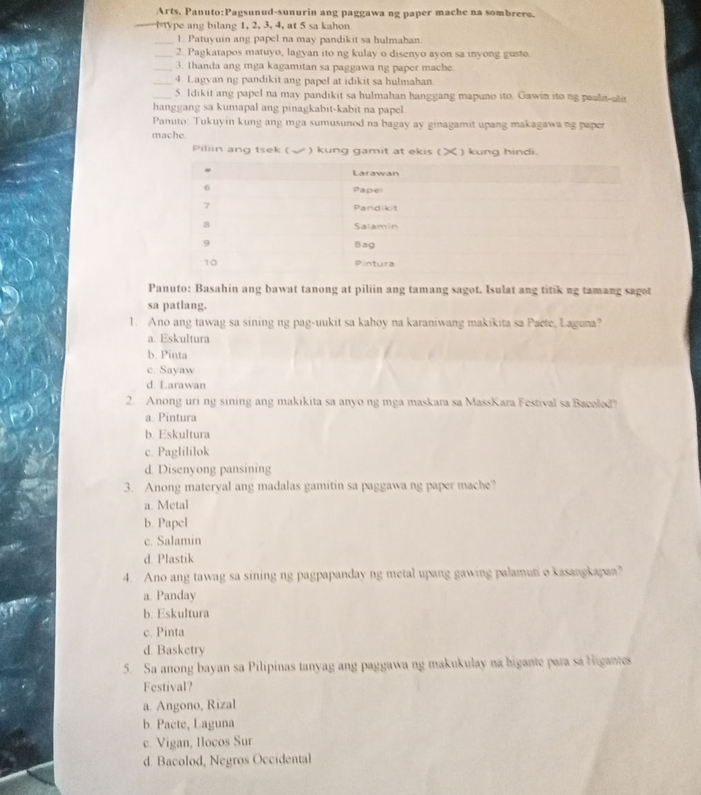 Arts. Panuto: Pagsunud-sunurin ang paggawa | StudyX