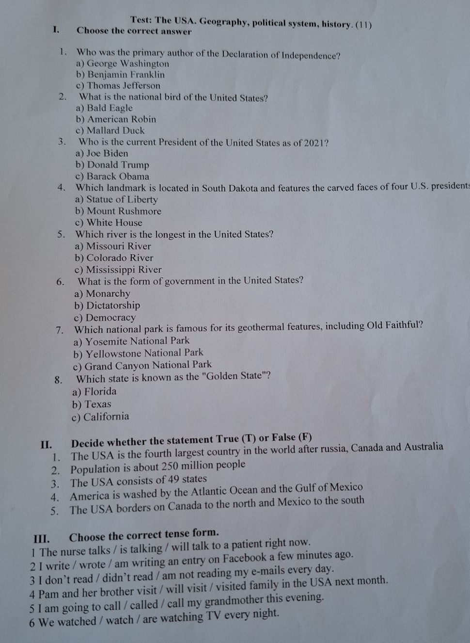 Test: The USA. Geography, political system, | StudyX