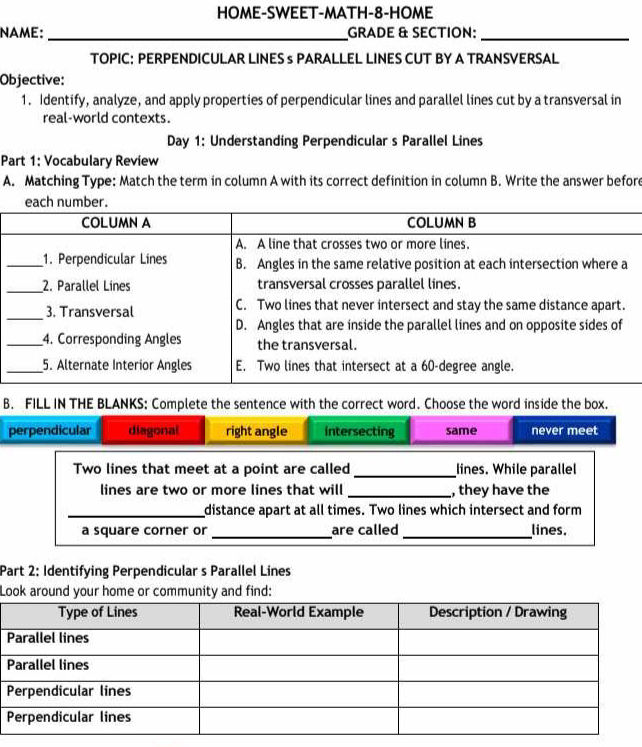 Part 1: Vocabulary Review A. Matching Type: | StudyX