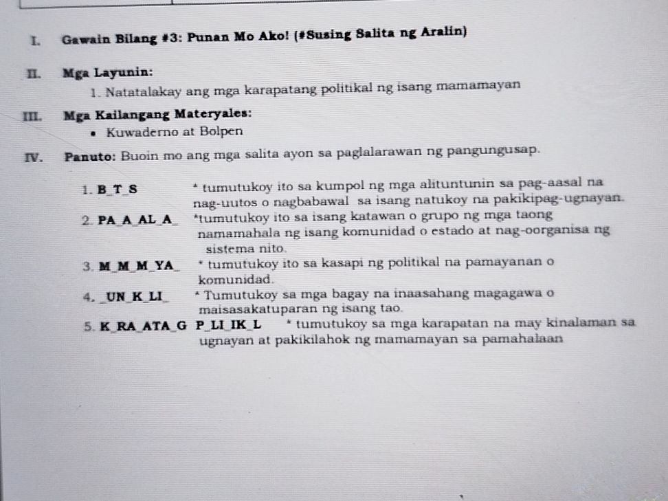 I. Gawain Bilang #3: Punan Mo Ako! (#Susing | StudyX