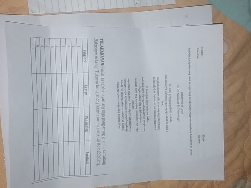 Name: Section: Date: Score: TARABASA: | StudyX