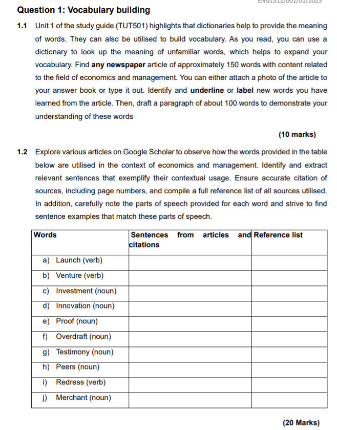 Question 1: Vocabulary building 1.1 Unit 1 | StudyX