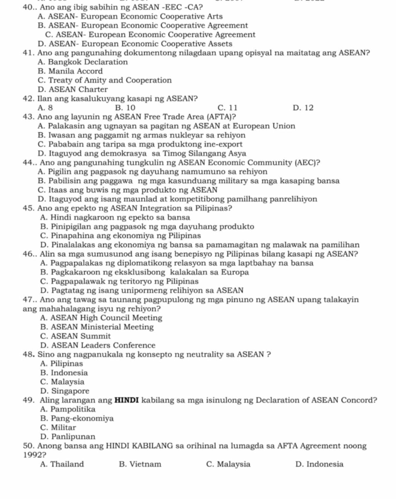 40. Ano ang ibig sabihin ng ASEAN-EEC -CA? | StudyX