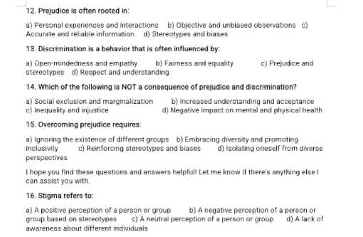 12. Prejudice is often rooted in: a) | StudyX