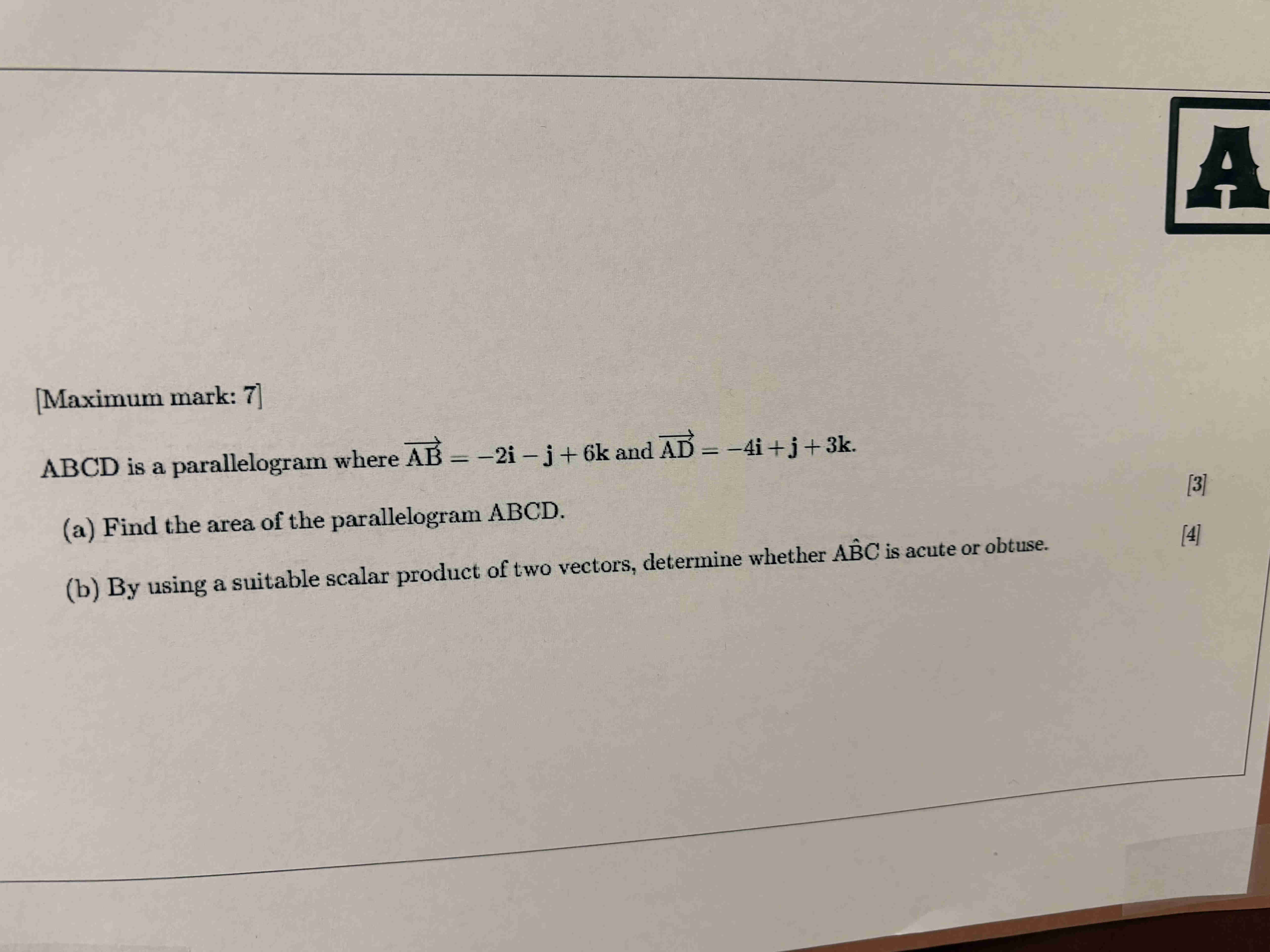 ABCD is a parallelogram where $ {AB} = -2i - | StudyX