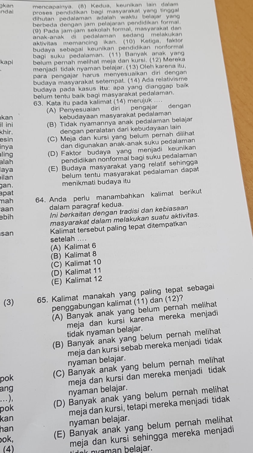 63. Kata itu pada kalimat (14) merujuk.... | StudyX
