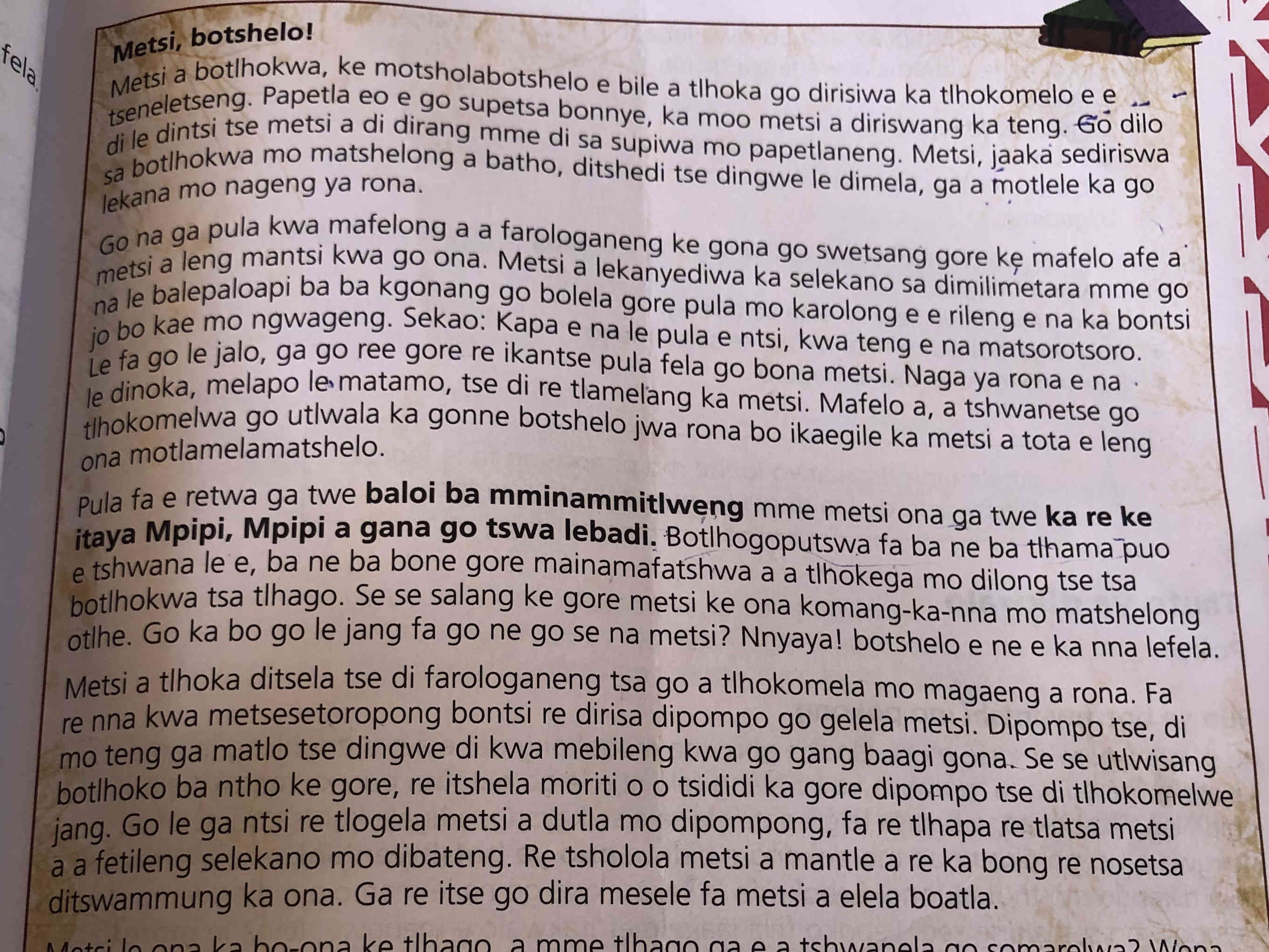 Metsi, botshelo! Metsi a botlhokwa, ke | StudyX
