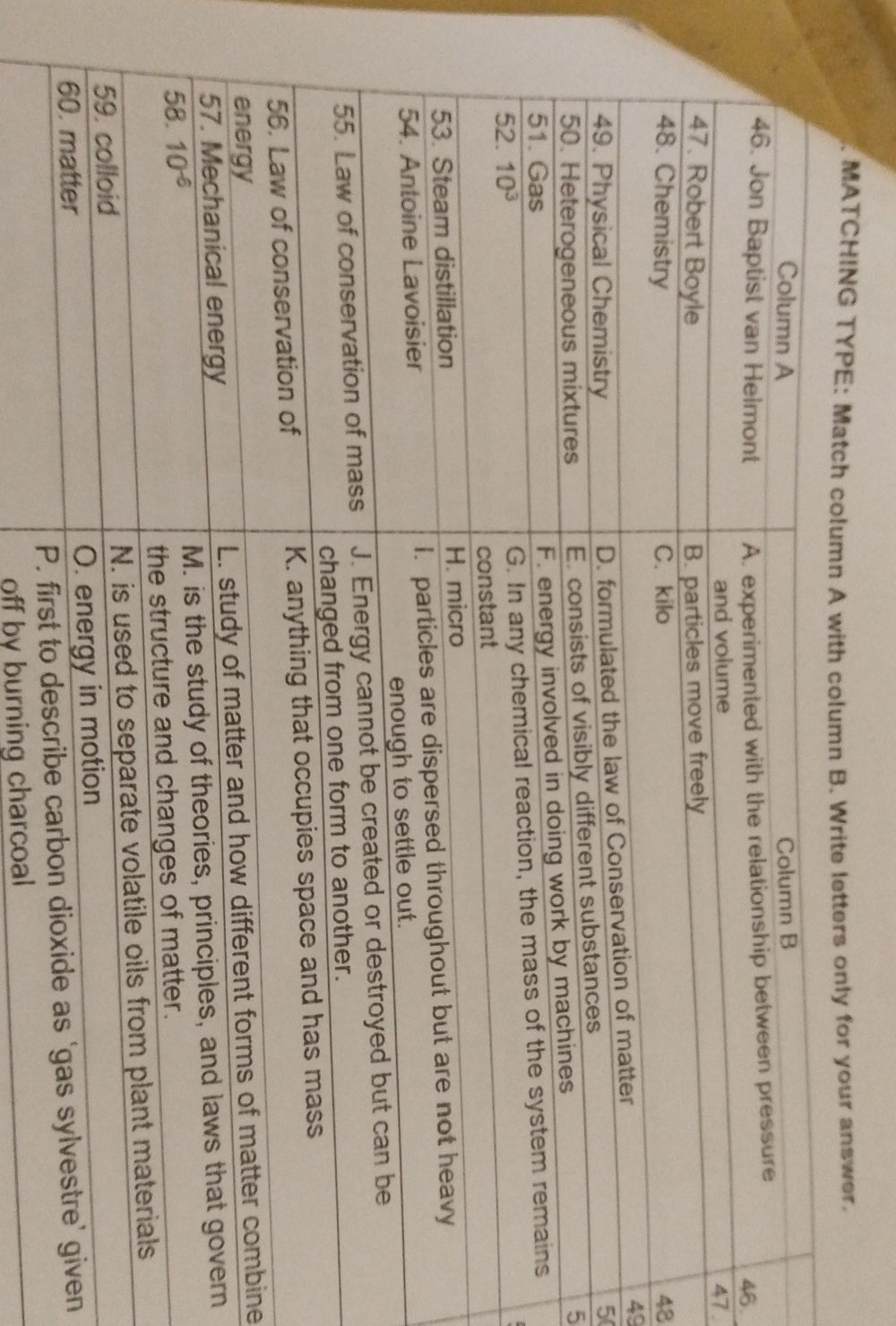 MATCHING TYPE: Match column A with column B. | StudyX