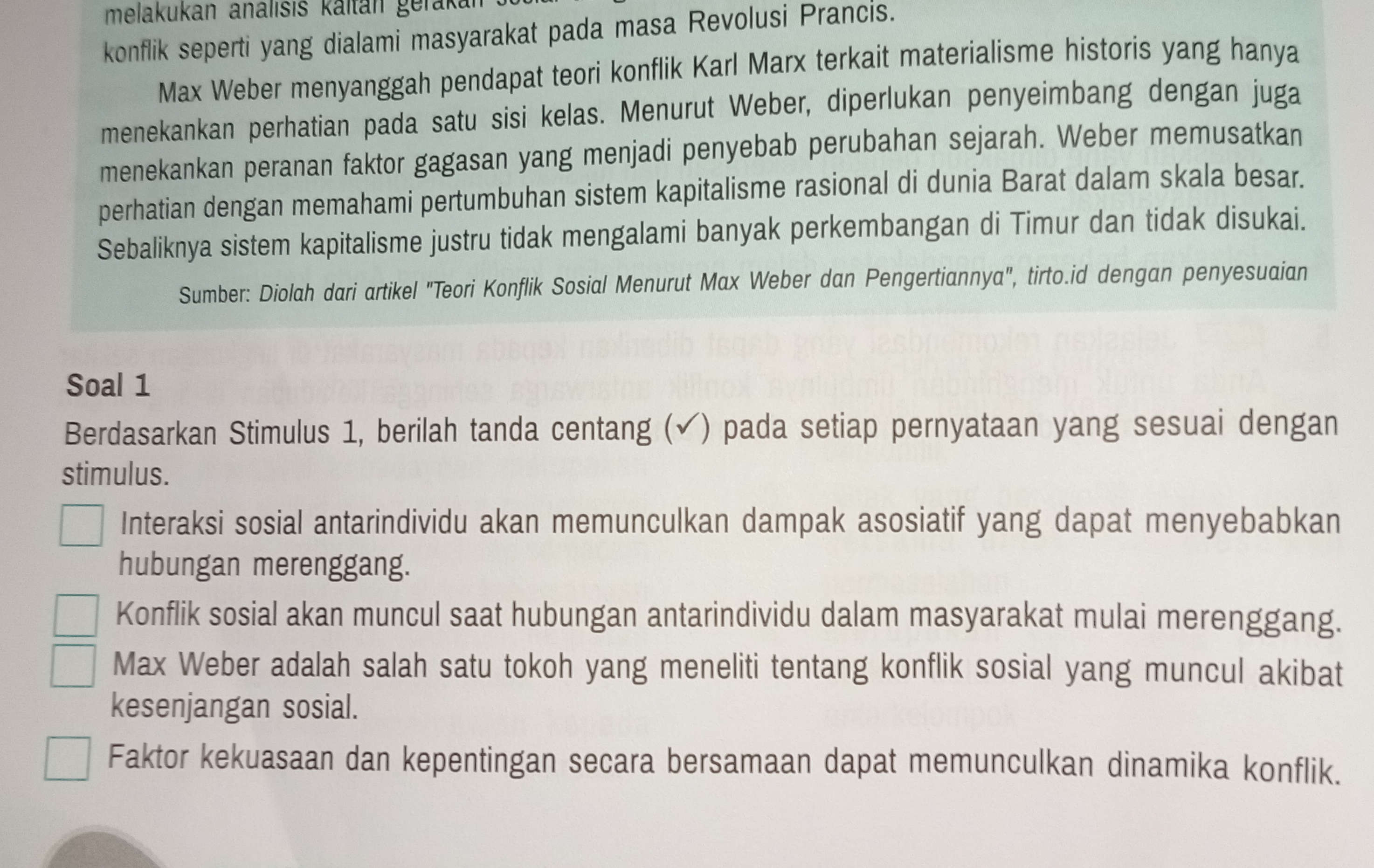 Soal 1 Berdasarkan Stimulus 1, berilah tanda | StudyX