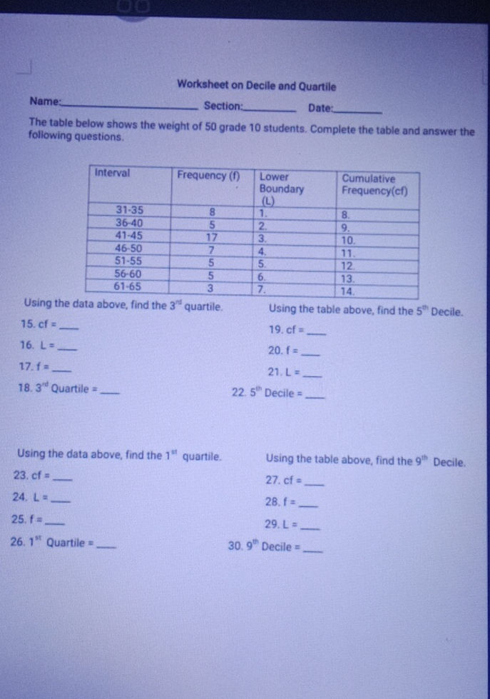 Worksheet on Decile and Quartile The table | StudyX
