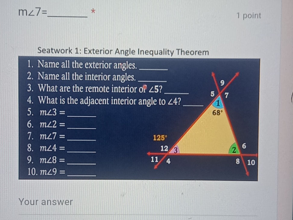m∠7 = ____ Seatwork 1: Exterior Angle | StudyX