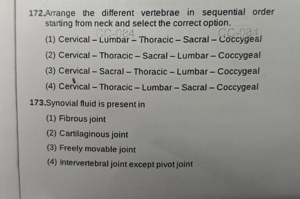 172. Arrange the different vertebrae in | StudyX
