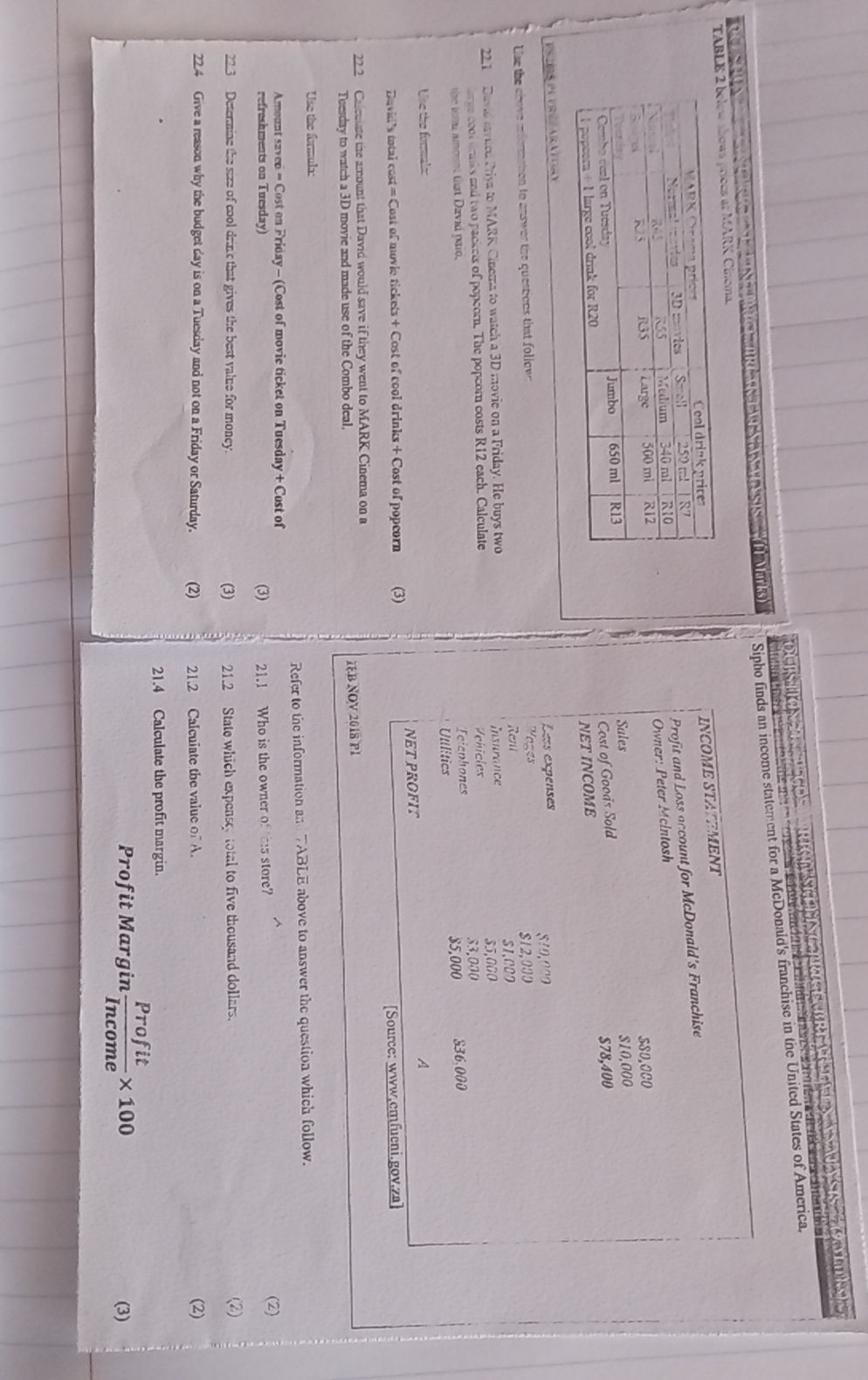 TABLE 2 below shows prices at MARK Cinema | | StudyX