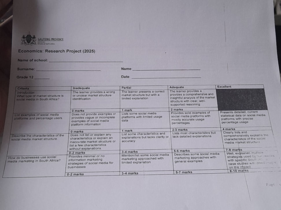 Economics: Research Project (2025) Criteria | StudyX