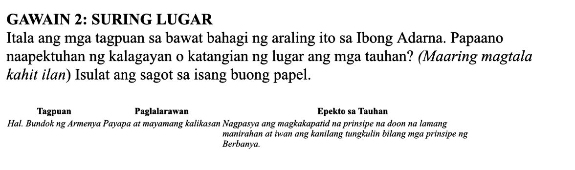 GAWAIN 2: SURING LUGAR Itala ang mga tagpuan | StudyX