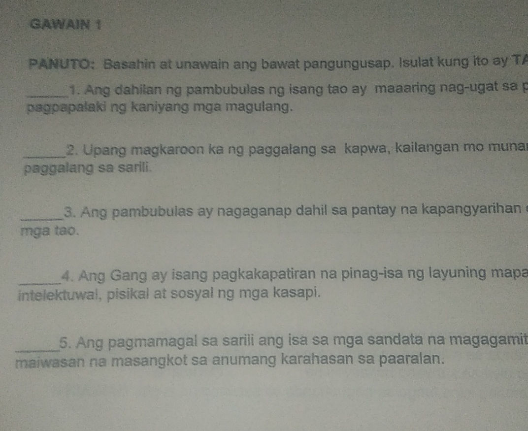 GAWAIN 1 PANUTO: Basahin at unawain ang | StudyX