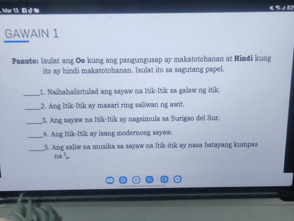 GAWAIN 1 Panuto: Isulat ang Oo kung ang | StudyX